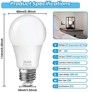 Volxon A19 LED Light Bulb, 9 Watt Equivalent 60 Watt Led Light Bulb, Bright Light Bulb 850LM, Non-Dimmable, Daylight White 5000K, Standard E26 Base, CRI 85+, No Flicker, ETL Listed, 4 Pack