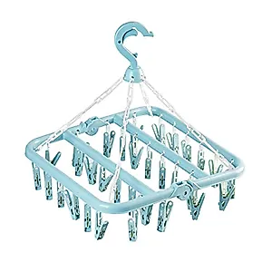 Rivama Clothes Drying Hanger with 32 Clips,Baby Clothes Drying Rack,Sock Clips for Laundry Foldable Clothes Hangers for Drying Socks,Towels,Underwear,Bras,Diapers,Baby Clothes,Gloves,Hat (Light Blue)