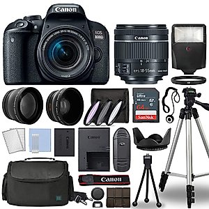 Canon 800D / Rebel T7i DSLR 18-55mm STM Lens Bundle - Telephoto & Wide Angle Lens + Filter Kit + Tripod + Flash - International Version