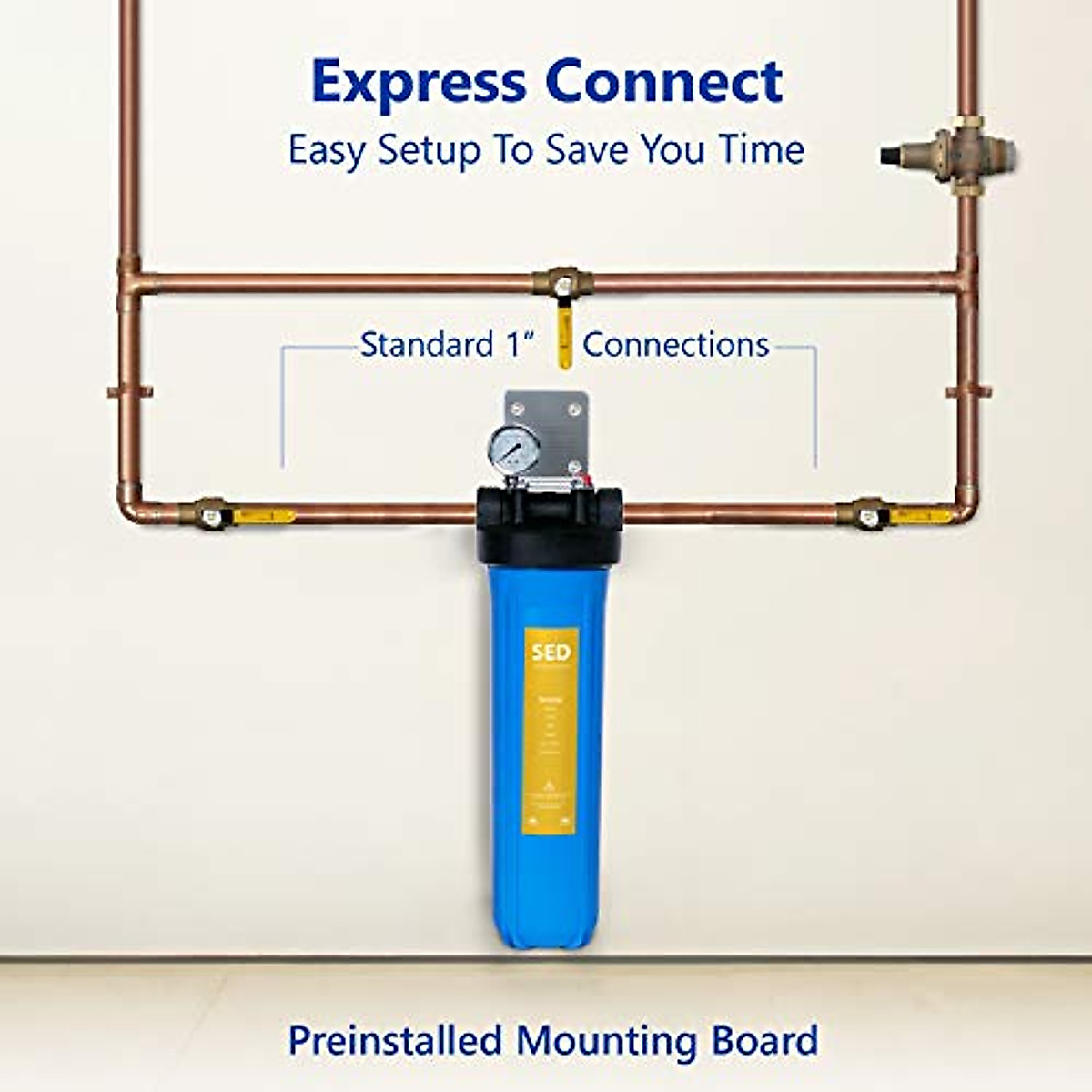 Express Water Whole House Water Filter, 1 Stage Home Water Filtration System, Sediment Filter, Includes Pressure Gauges, Easy Release, and 1 Inch Connections.