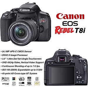 Canon EOS Rebel T8i DSLR Camera with 18-55mm Lens & 75-300mm Lens Bundle + 420-800mm Super Zoom Lens, Wide Angle & Telephoto Lens + 128GB Memory + Case + Tripod + 3pc Filter Kit + Pro Bundle, Black