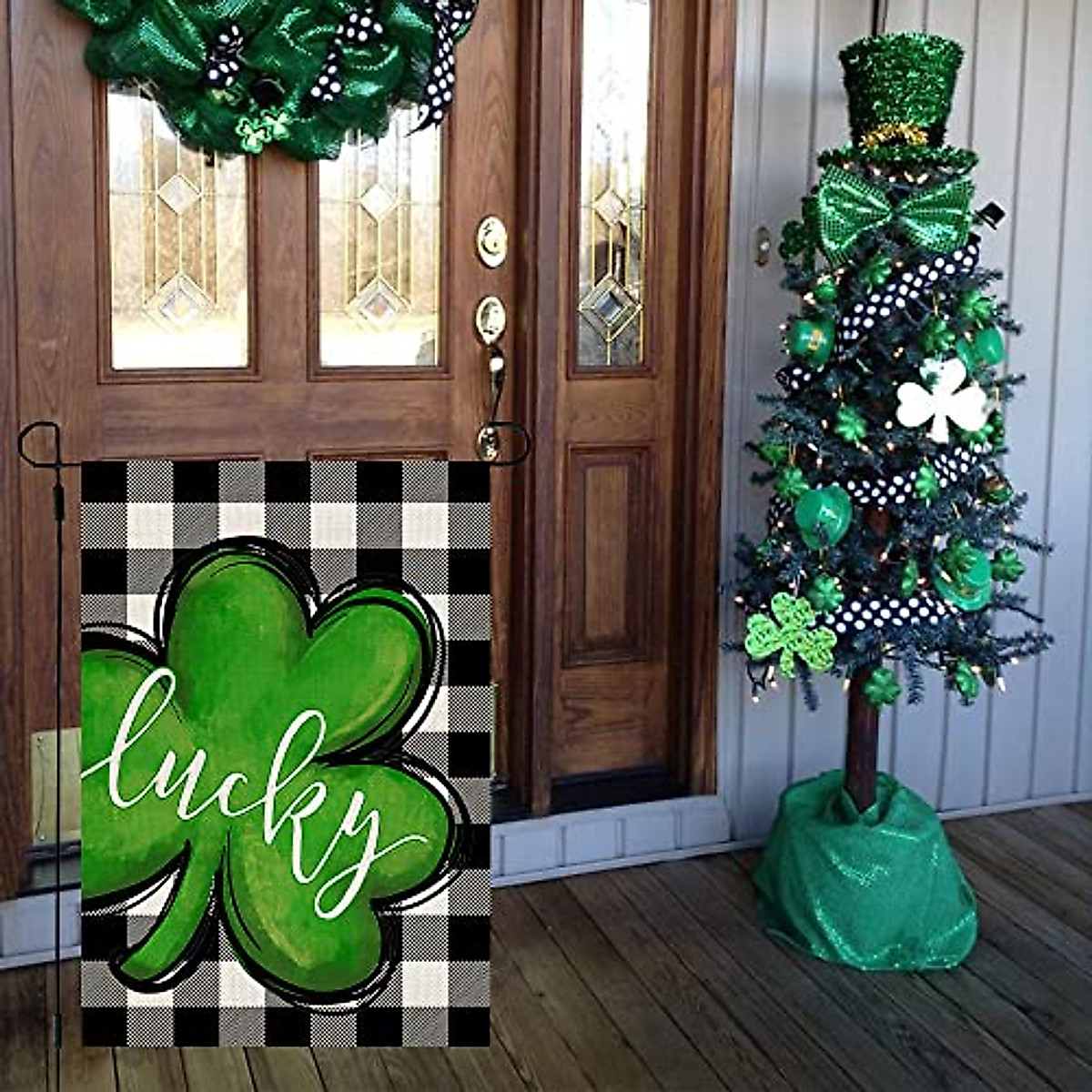 CROWNED BEAUTY St Patricks Day Garden Flag 12x18 Inch Double Sided for Outside Small Burlap Green Shamrock Lucky Black White Buffalo Plaid Yard Holiday Flag CF737-12
