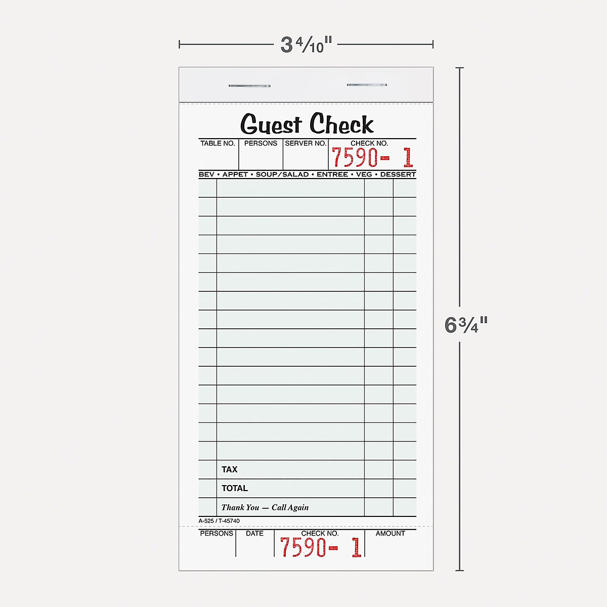 Adams Guest Check Pads, Single Part, Perforated, White, 3-2/5" x 6-3/4 ", 50 Sheets/Pad, 5 Pads/Pack (525SWMT)