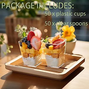 Legredic 50 Pack 5 oz Square Dessert Cups with Spoons, Clear Plastic Parfait Cups for Party, Mini Serving Shooter Appetizer Cups, Dessert Shot Glasses for Tasting Samples Fruit Ice Cream