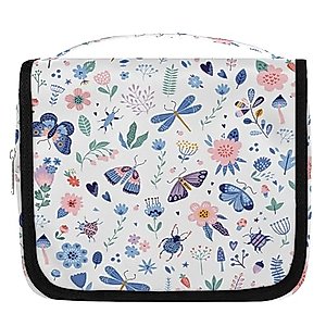 POFATO Butterfly Dragonfly Insect Pattern Travel Toiletry Bag Cosmetic Makeup Bag for Women Men Hanging Hook Wash Toiletries Portable Toiletry Bags Organizer