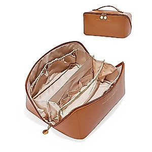 EACHY Travel Makeup Bag,Large Capacity Cosmetic Bags for Women,Waterproof Portable Pouch Open Flat Toiletry Bag Make up Organizer with Divider and Handle (Large-Brown, Large)