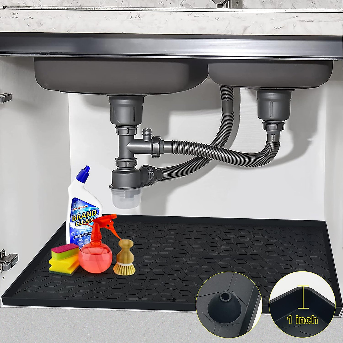 Under Sink Mat, BUDO 31"x 22" Under Sink Pad for Kitchen Waterproof, Silicone Under Sink Liner Drip Tray with Unique Drain Hole, Cabinet Protector Mats for Kitchen & Bathroom (Black)