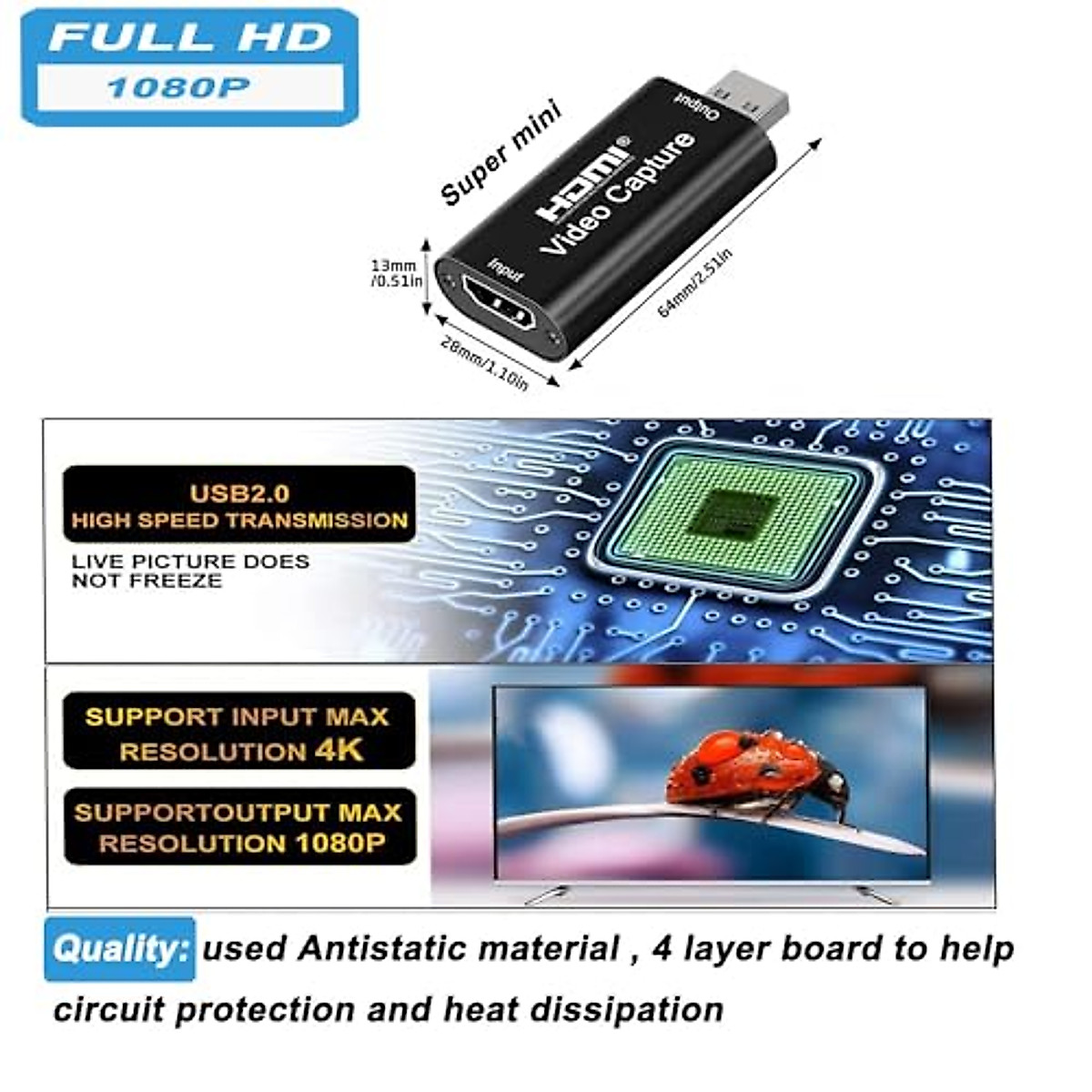 WUINMUT HD Video Capture Card HDMI to USB 2.0 1080P Cam Link Game Capture Card Audio Capture Adapter Screen Record Device for Switch Gaming Streaming, Live Broadcasting (20CM Cable)