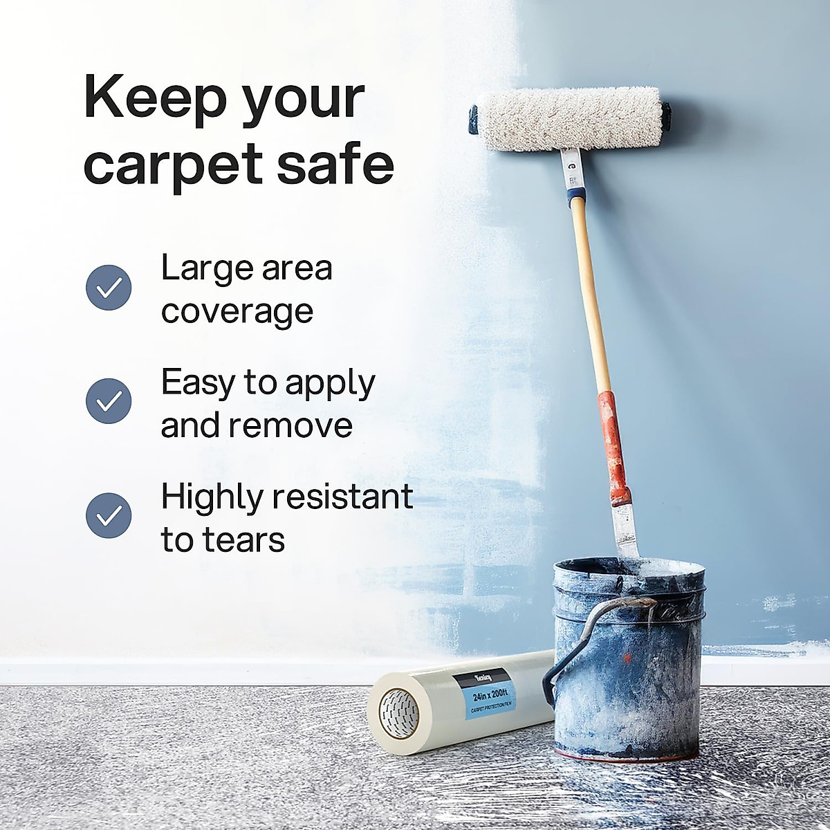 Kenley Carpet Protection Film - Self Adhesive Plastic Carpet Protector Film - Heavy Duty Shield Covering for Stairs Floor Runner Surface - Puncture & Water Resistant Sticky Protection Roll (24"x200')