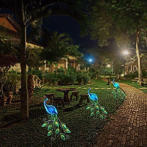 CHINLY Garden Solar Lights Stake, Metal Peacock Decor Solar Garden Lights Solar Peacock Stake for Outdoor Patio Yard Decorations (Blue Lampshade)