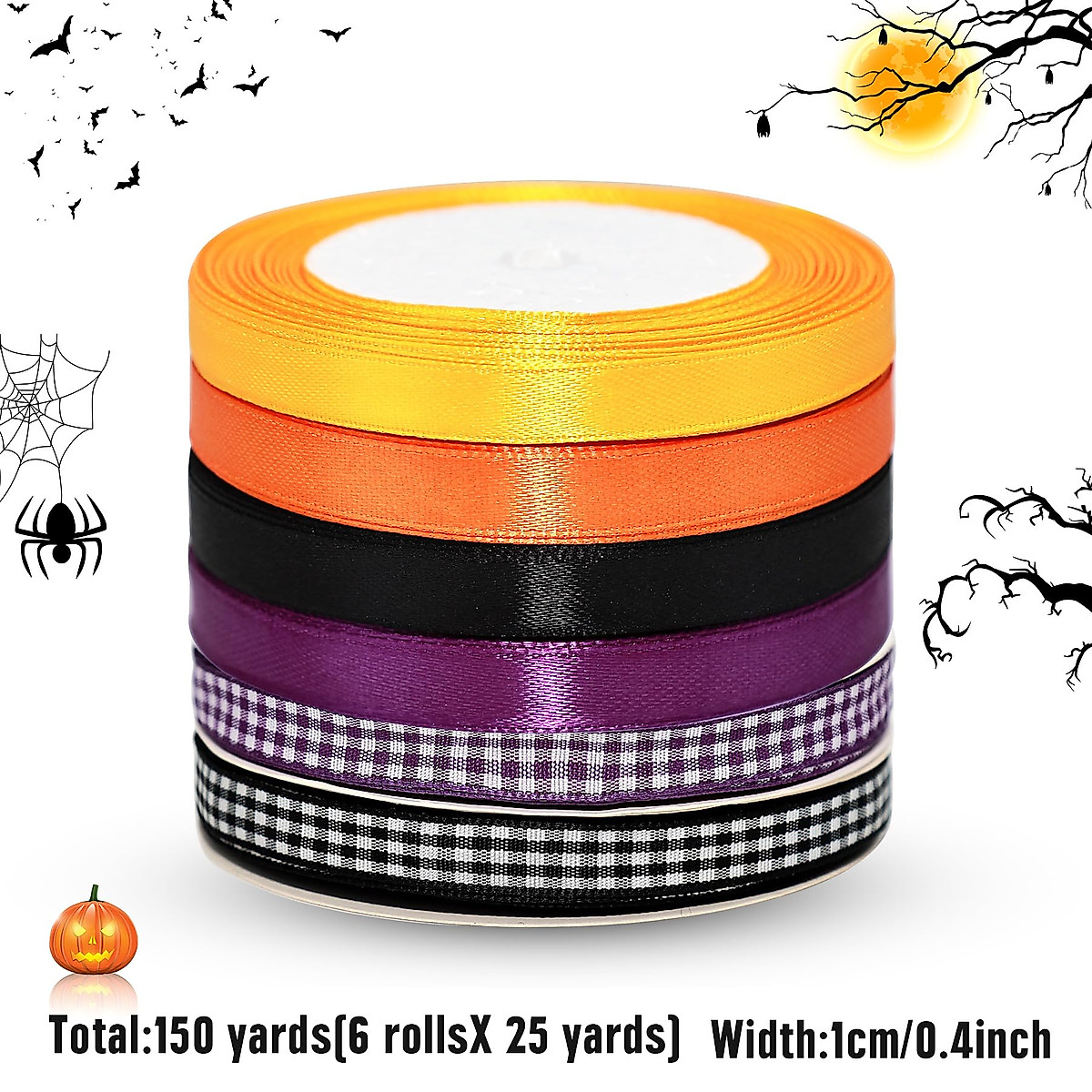 6 Rolls 150 Yards Halloween Ribbons 10mm Wide Holiday Gift Wrapping Satin Ribbon for Halloween Party Decoration, DIY Bows Crafts