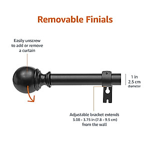 Amazon Basics 1-Inch Curtain Rod with Round Finials - 1-Pack, 72 to 144 Inch, Black