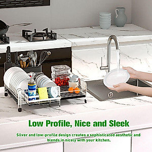 eWonLife Dish Drying Rack, Extendable Dish Racks for Kitchen Counter, Stainless Steel Dish Drainers, Compact, Rust-Proof, Dish Strainer with Sponge, Cutlery Caddy (Silver)