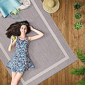 Beverly Rug Waikiki Indoor Outdoor Rug 8x10, Washable Outside Carpet for Patio, Deck, Porch, Bordered Modern Area Rug, Water Resistant, Grey - White