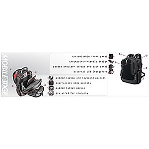 Core Gaming Laptop Backpack From Mobile Edge Core Gaming, 17.3 Inch, External USB 3.0 Quick-Charge Port w/Built-in Charging Cable, Patch Panel - Black w/Red Trim - MECGBPV1