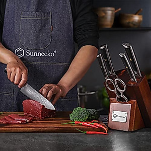 Sunnecko Knife Sets for Kitchen with Block,7 PCS Damascus Kitchen Knife Set,67-Layer Japanese VG10 High Carbon Stainless Steel Blade,Full Tang Forged,Ergonomic Handle,Whetstone&Scissors Include
