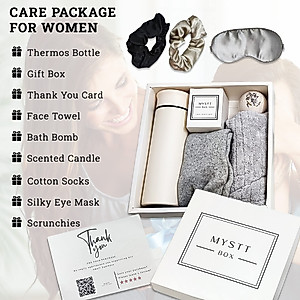 MysttBox Get Well Soon Gifts for Women – Deluxe Home SPA Gift Basket for Women Includes Bath Bomb, Insulated Thermos, Scented Candle – Thinking Of You Self Care Gift for Special Occasions
