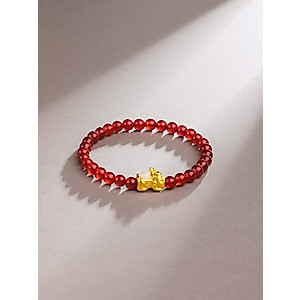 ZHOU LIU FU 24K Solid Gold Bracelets for Women, Real Pure Gold Pixiu Bracelet, Adjustable Red Agate Bead Bracelets with White or Green Nephrite Jade for Men Teen Girls