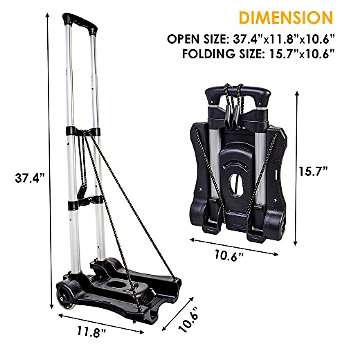 LOOVIU Hand Truck Portable Luggage Cart, Folding Lightweight Aluminum Portable Dolly with Mute Caster Wheel for Moving Travel and Office Use (Black)