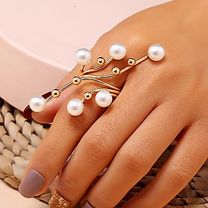 XUN Zhe Vintage Pearl Finger Rings,Statement Imitation Pearls Band Ring Wedding Party Jewelry for Women Gifts (Gold)