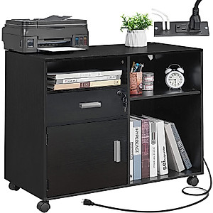 ANWBROAD Mobile File Cabinet with Charging Station & USB Ports, Rolling Printer Stand Filing Cabinets Lockable Storage Cabinet with Open Storage Shelves Drawers Home Office UBJG001H