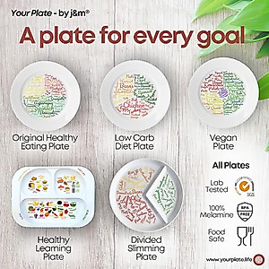 j&m Divided Portion Plate (4 Pack), Sections for Kids & Fussy Eaters, Learn Nutrition, Healthy Eating, Food Groups & Portion Sizes, Child-Friendly Melamine, Dishwasher-Safe