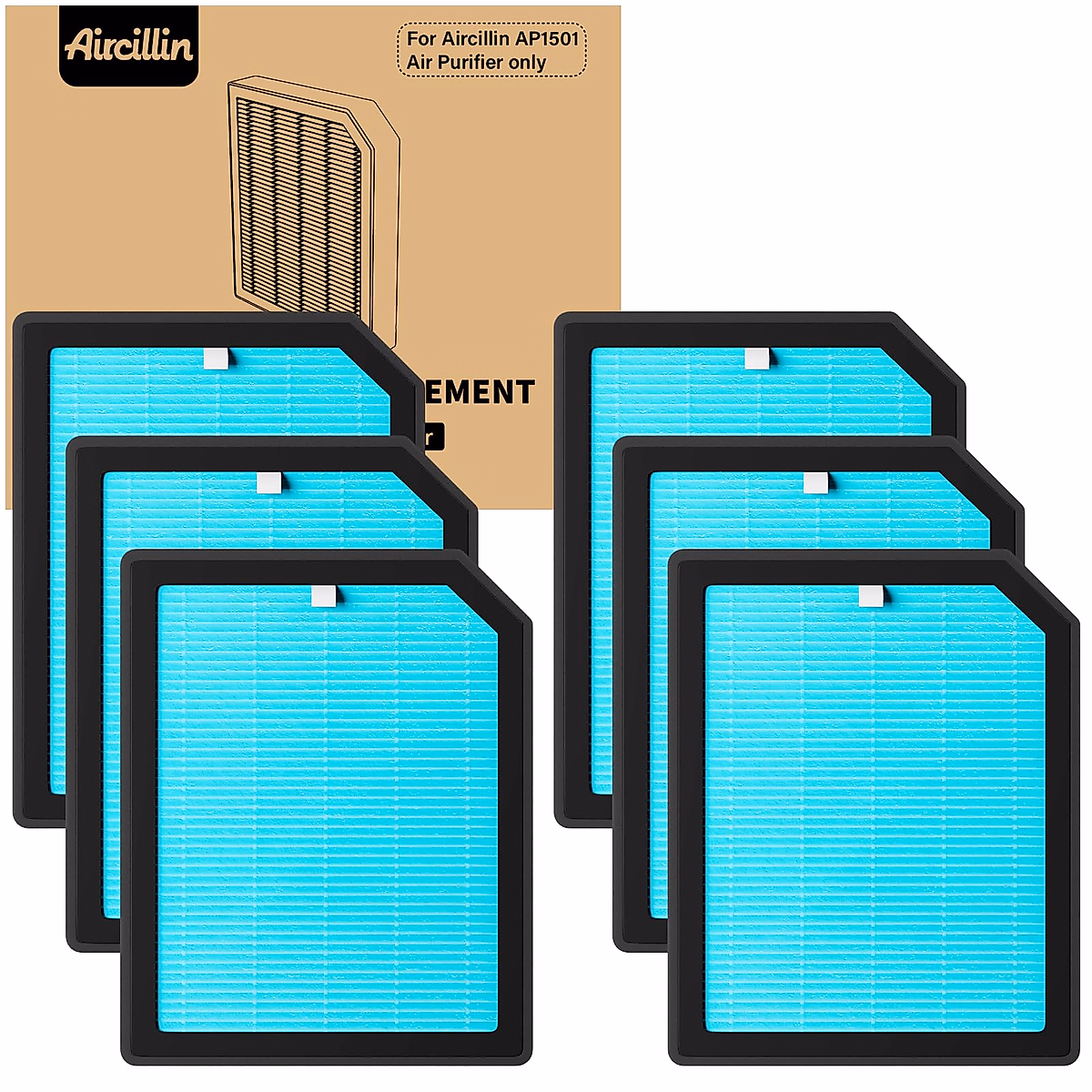Aircillin Air Purifier AP1501 Replacement Filters 6-Pack, H13 True HEPA Filter, Activated Carbon Filter(AP1501)