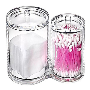 Hipiwe Clear Acrylic Cotton Swab Holder Preminm Quality Round Container Cotton Pad Q-tip Organize Case for Make Up Brush Clear Apothecary Jar