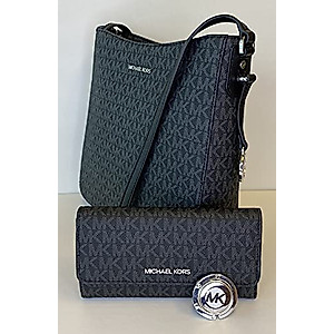 Michael Kors MICHAEL Michael Kors Jet Set Travel Large Messenger Crossbody bundle with Trifold Wallet Purse Hook (Signature MK Black)