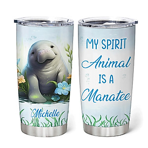 Hyturtle Personalized Gifts Manatee Lover - My Spirit Animal Is A Manatee Custom Name Stainless Steel Tumbler 20 oz With Lid - Idea Cute Sea Animal Lover Gifts For Women, Girl On Birthday, Christmas