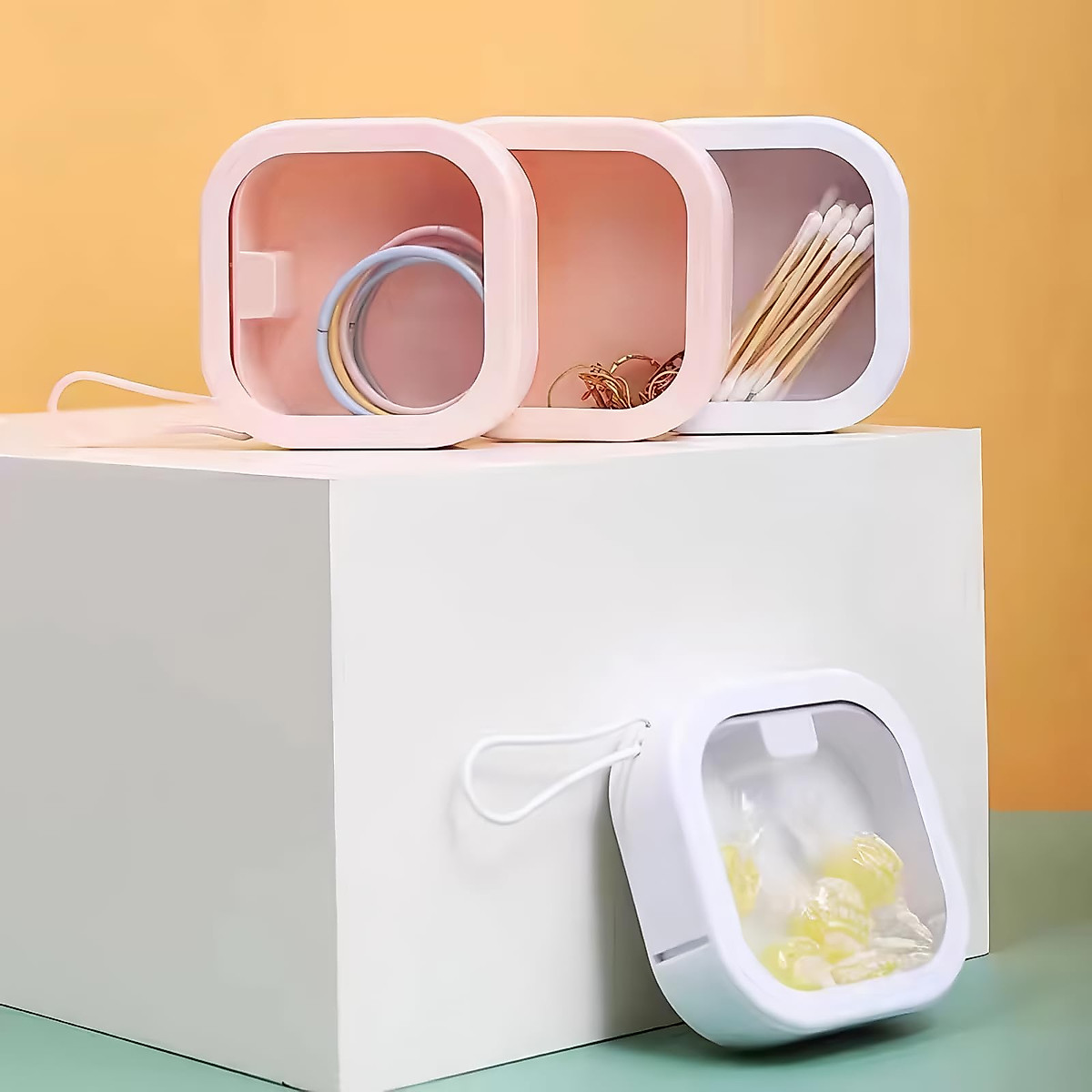 GAGAMOTEYA 6 Pcs Hair Tie Organizer,Qtip Dispenser Bathroom Storage Organizer with Press Buckle Button Switch,Cotton Swab Holder Portable Travel,Hair Accessory Box with Lid for Bathroom(Pink+White)