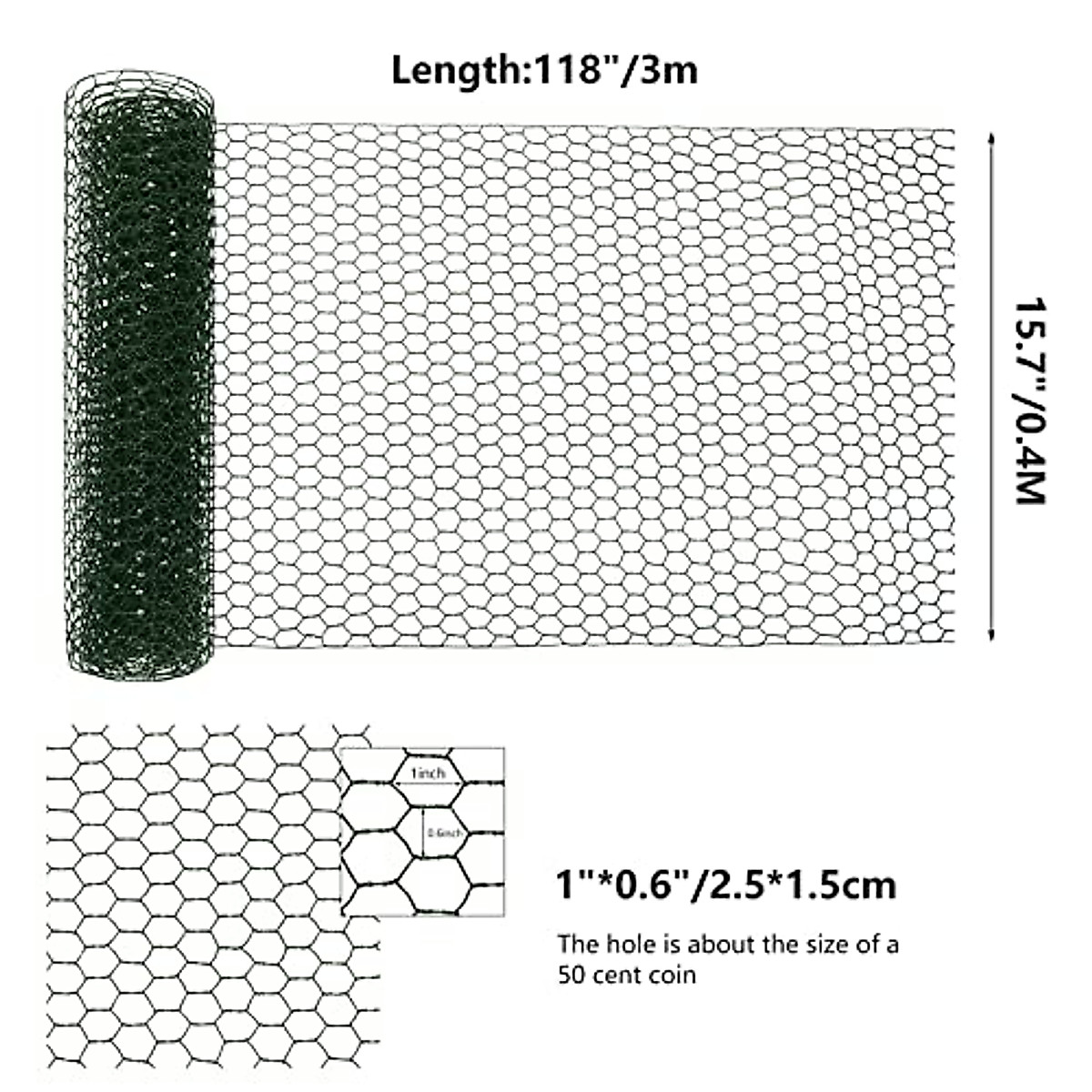 Aboofx Green Chicken Wire Netting, 118 x 15.7 in Chicken Wire for Foral Arrangements, Garden Poultry Chicken Wire Mesh, Hexagonal PVC Coated Galvanized Iron Wire, with 50 Zip Ties and 1 Pair of Glove