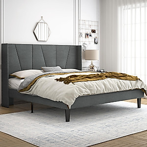 HOOMIC King Size Platform Bed Frame with Geometric Wingback Headboard, Wooden Slats Support, No Box Spring Needed, Modern Style in Dark Grey