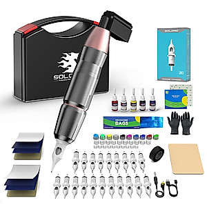 Wireless Tattoo Gun,Solong 1500mAH Wireless Tattoo Machine Kit with 20pcs Different Type Needles Cartridges Tattoo Gun Wireless for Tattoo Artist with Portable Carry Case,Tattoo Aftercare Bandage