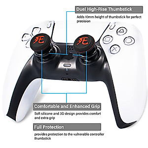 Playrealm FPS Thumbstick Extender & Printing Rubber Silicone Grip Cover 2 Sets for PS5 Dualsenese & PS4 Controller (Death of Kanji)