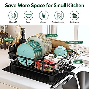 Qienrrae Dish Drying Rack with Drainboard Set, Stainless Steel Dish Drainers for Kitchen Counter, Dish Strainer with Utensil Holder, 360° Swivel Spout and Extra Dryer Mat, Black