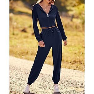 KIRUNDO Women 2 Piece Outfits y2k Fashion Sweat Sets Casual Zip Up Long Sleeve Hoodie Jacket And Sweatpants Work Out Sets (Navy, X-Large)