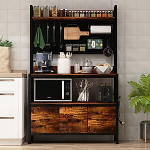 NAIYUFA 5-Tier Free Standing Bakers Rack with Pegboard, Metal Kitchen Storage Shelf Organizer, Industrial Microwave Oven Stand with Hooks and Baskets