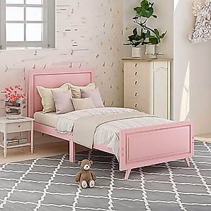 RIDFY Wood Twin Bed Frame with Headboard/Footboard, Modern Platform Camas Frame, Wood Slat Support Mattress Foundation/Noise Free/No Box Spring Needed/Easy Assemble (Pink)