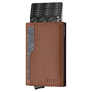 VULKIT Card Holder Wallet for Mens with ID Windows RFID Blocking Pop Up Wallet Slim Leather Wallet Holds Up to 12 Cards Men's Card Case, Brown