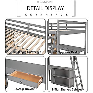Harper & Bright Designs Loft Bed with Desk and Drawer, Wood Twin Desk,Shelves Cabinet Underneath, High Storage for Kids, Boys,Girls,Teens (Grey), Twin(Desk+Shelves+Ladder)