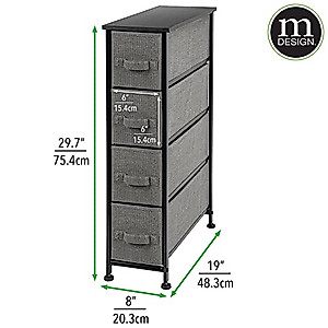 mDesign Narrow Dresser Storage Tower Stand with 4 Removable Fabric Drawers - Steel Frame, Wood Top Organizer for Bedroom, Entryway, Closet - Lido Collection - Charcoal Gray