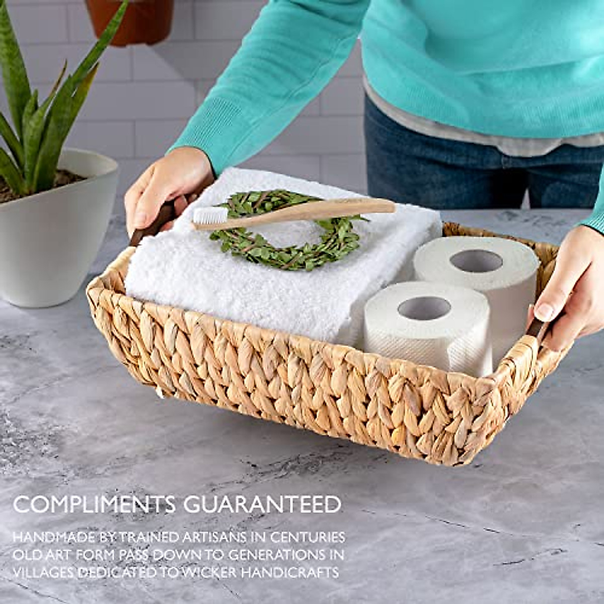 ADO Basics Large Water Hyacinth Hand Woven Basket with Stain Resistant Polished Wooden Handles, Storage Wicker Baskets 15" Length, 10.6" Width, 5.3" Height, Set of 2