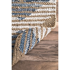 nuLOOM Hand Braided Marla Denim And Jute Diamonds Runner Rug, 2' 6" x 6', Off-white