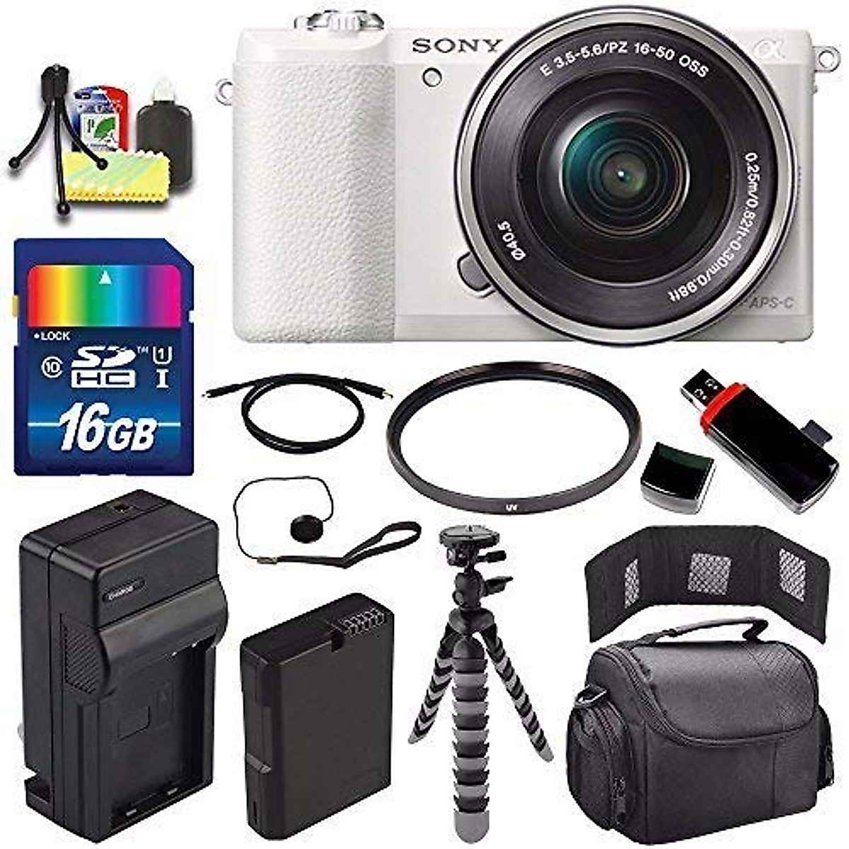 Sony Alpha a5100 Mirrorless Digital Camera with 16-50mm Lens (White) + Battery + Charger + 16GB Bundle 1 - International Version (No Warranty)