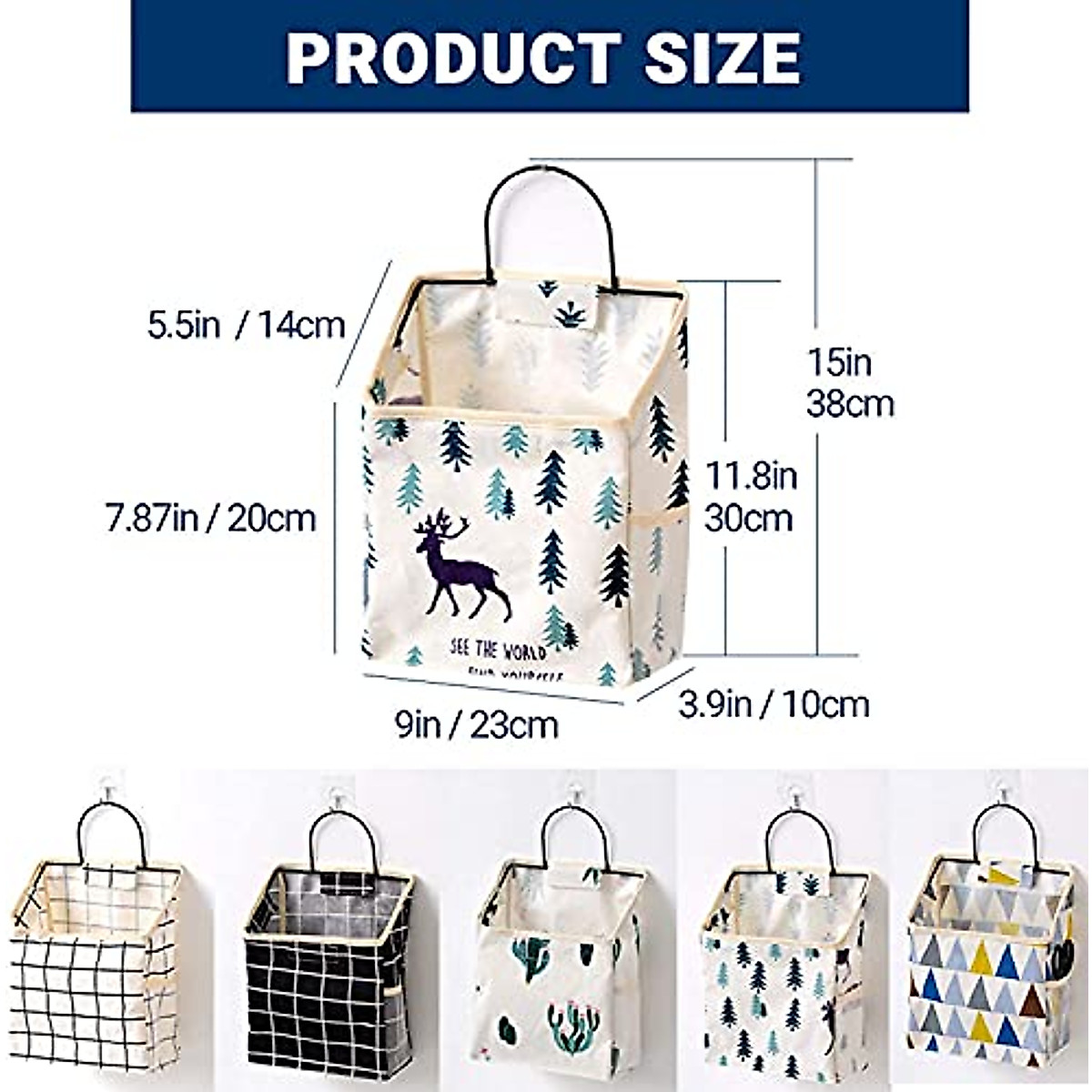 chokeberry Wall Hanging Storage Bag, Over The Door Organizer,Multifunctional Storage Shelves with Hook Pockets Cotton Linen Storage Basket Family Organizer Box Containers (Set 3)