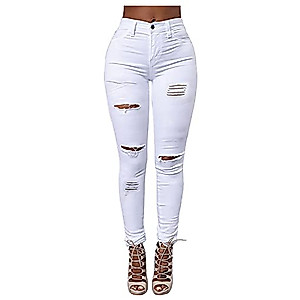 Women's High Waisted Butt Lift Stretch Ripped Skinny Jeans Distressed Denim Pants US 10 White 15