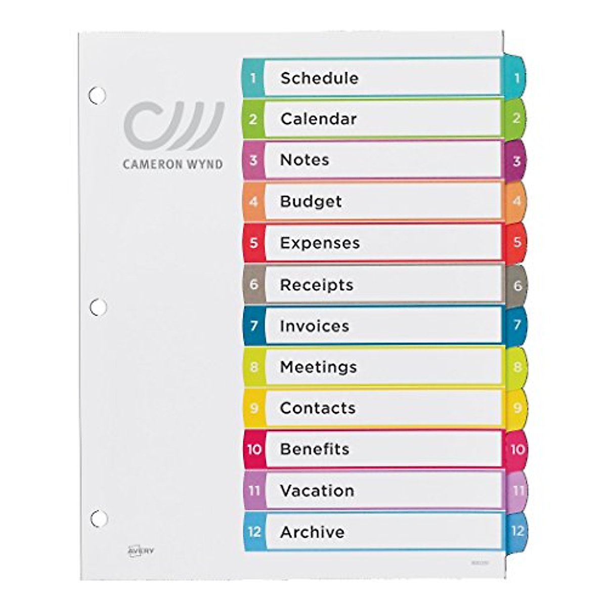 Avery 12 Tab Dividers for 3 Ring Binders, Customizable Table of Contents, Multicolor Tabs, 1 Set (11843)