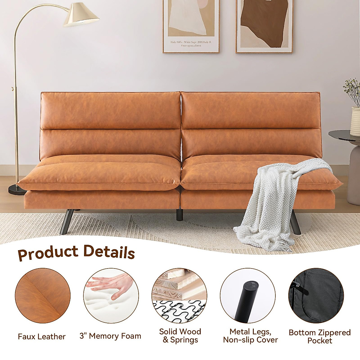 Hcore Convertible Sleeper Futon Couch,Small Splitback Modern Sofa Sofabed, Light Brown