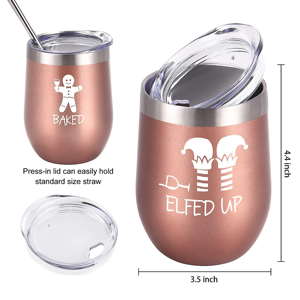 GINGPROUS Christmas Funny Wine Tumbler Set, 12 Oz Stainless Steel Wine Tumbler for Women Friends Men, Gift Idea for Christmas Xmas Wedding Party, Set of 4, Rose Gold